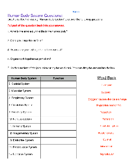 Human Body Systems Worksheets High School